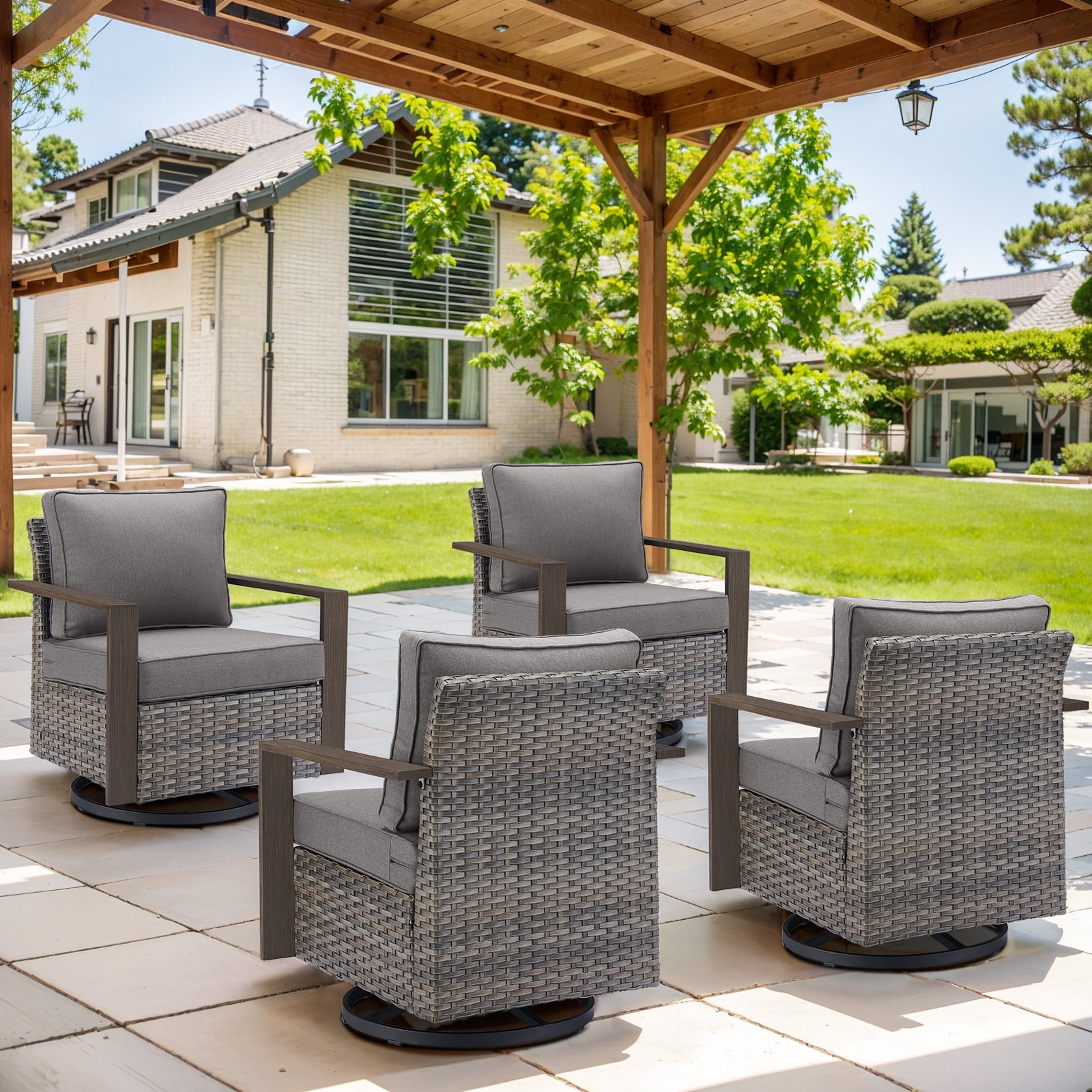 POCASSY Patio Swivel Chairs Set of 4, Outdoor Rocking Chairs with Wood ...