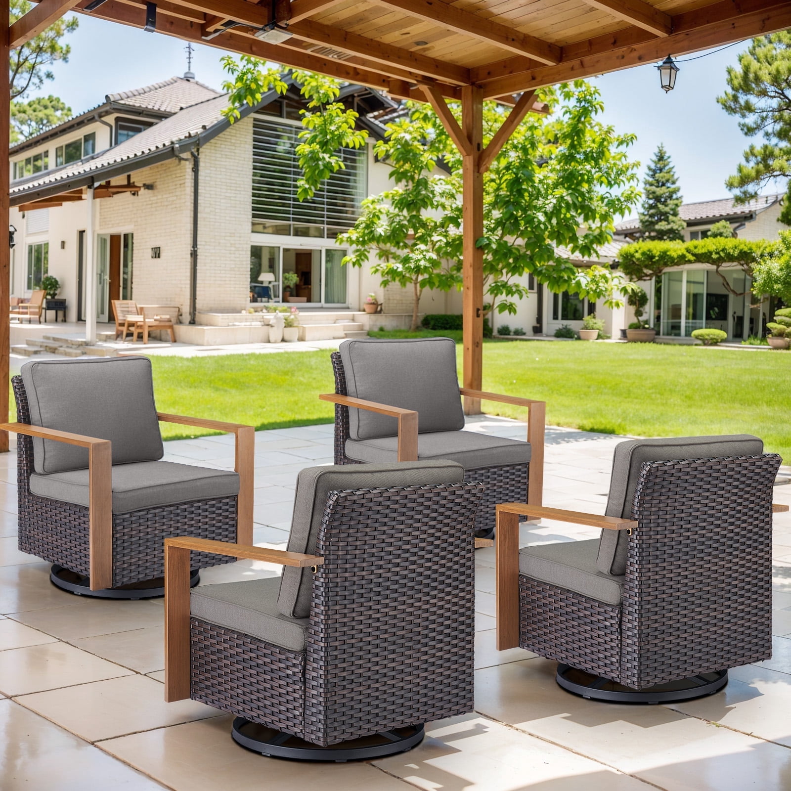 POCASSY Patio Swivel Chairs Set of 4, Outdoor Rocking Chairs with Wood ...