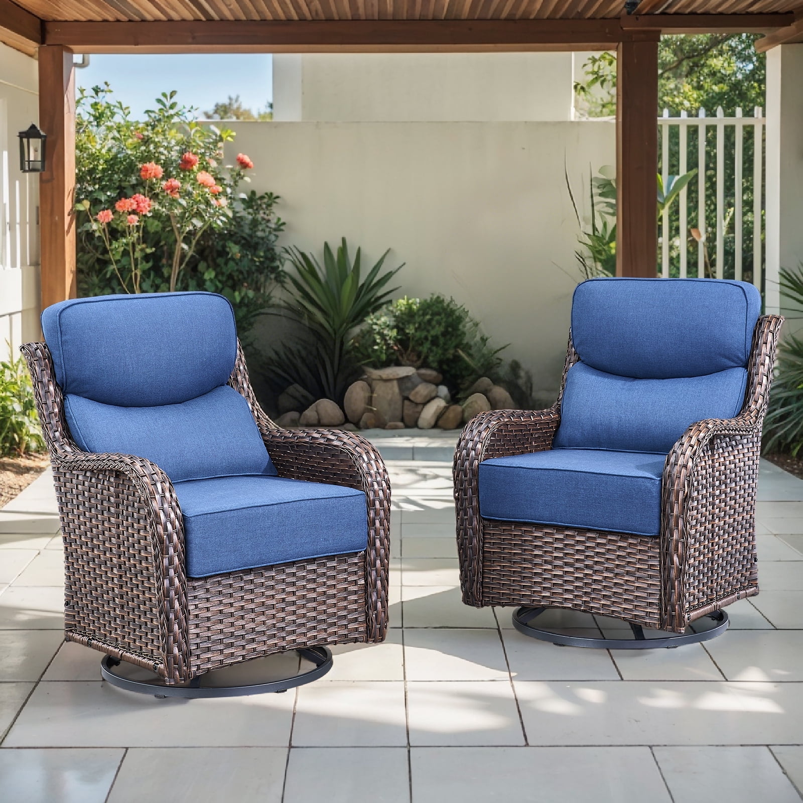 Pocassy Outdoor Swivel Rocking Chair Set, Wicker Rattan, Steel Frame ...