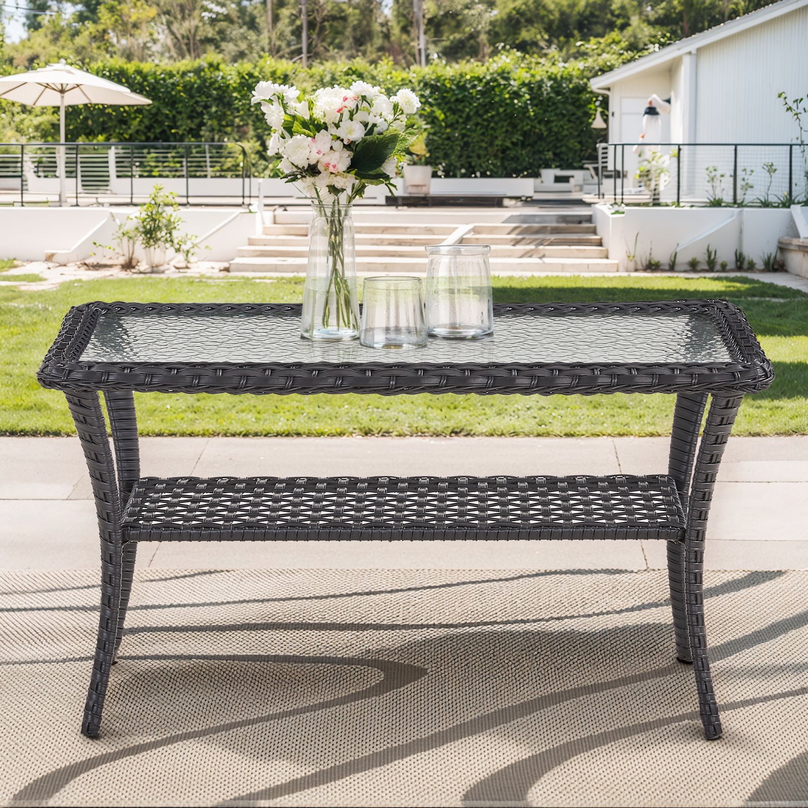 POCASSY Wicker Outdoor Coffee Table, 19.7"*37.8" Tempered Glss Top ...