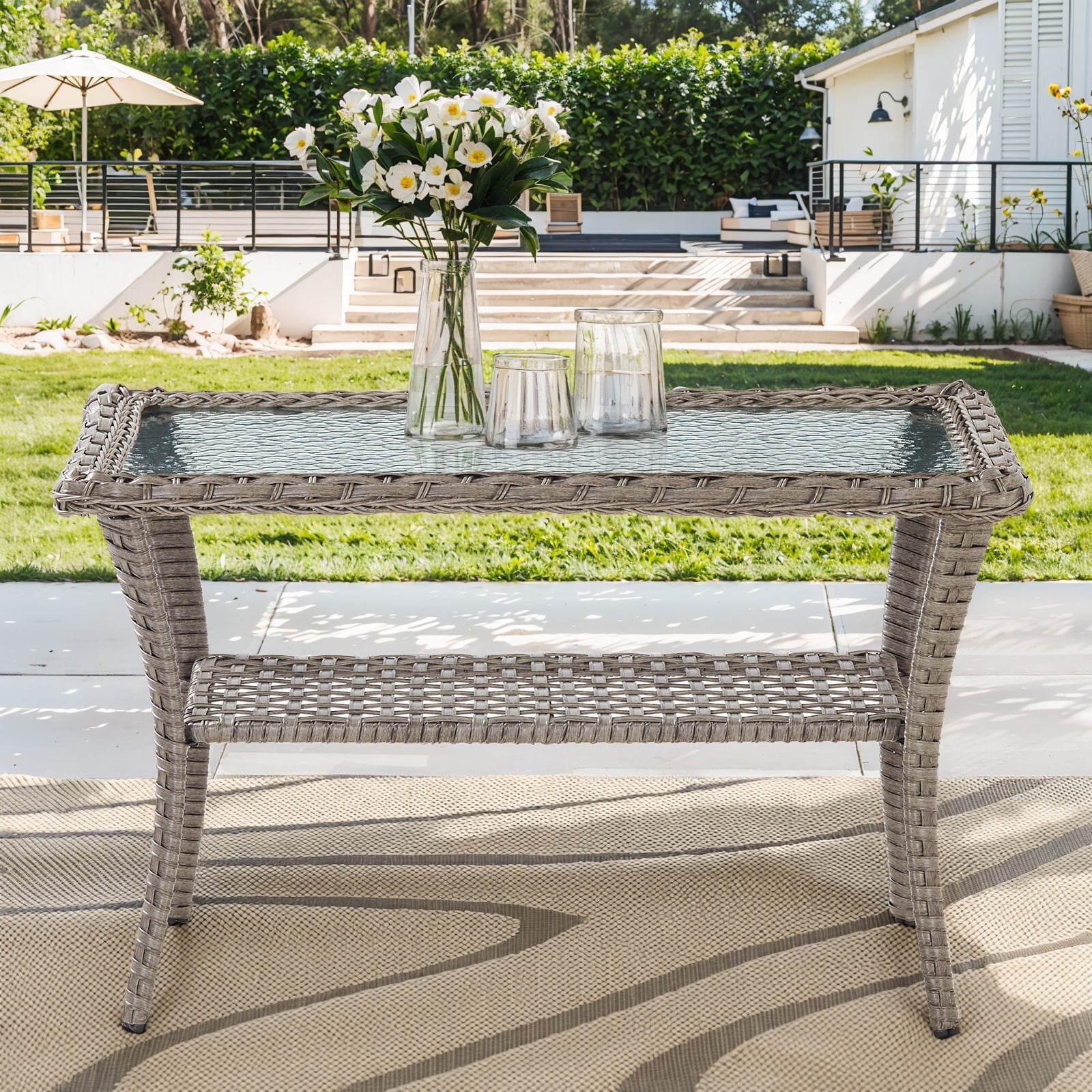 POCASSY Wicker Outdoor Coffee Table, 19.7"*37.8" Tempered Glss Top Gray ...