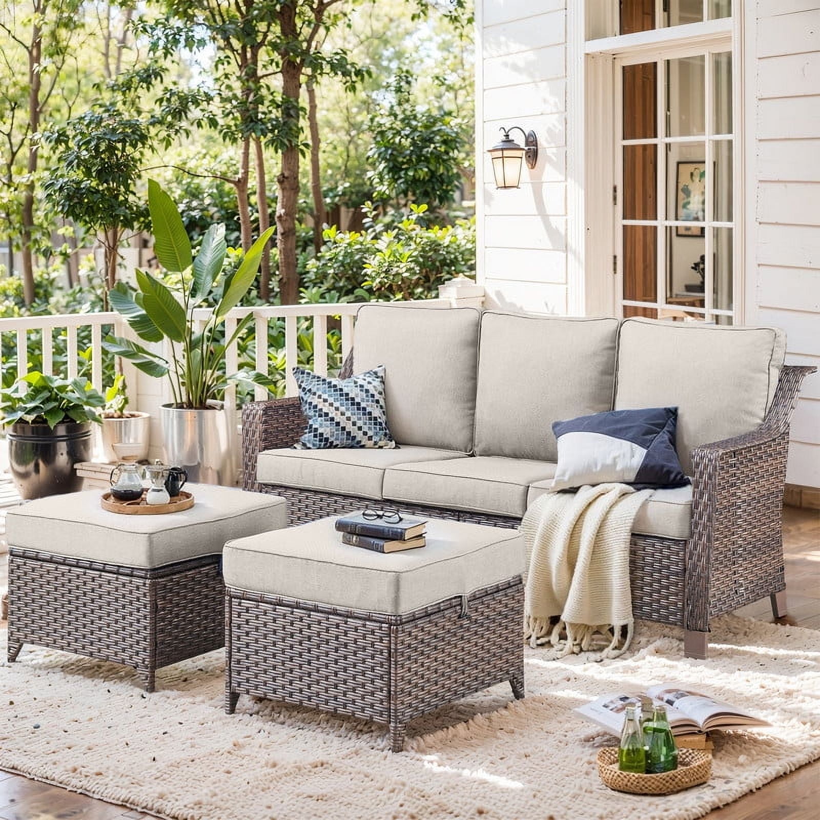 POCASSY Wicker Outdoor Couch with Ottomans, Brown Wicker Sofa Outdoor ...