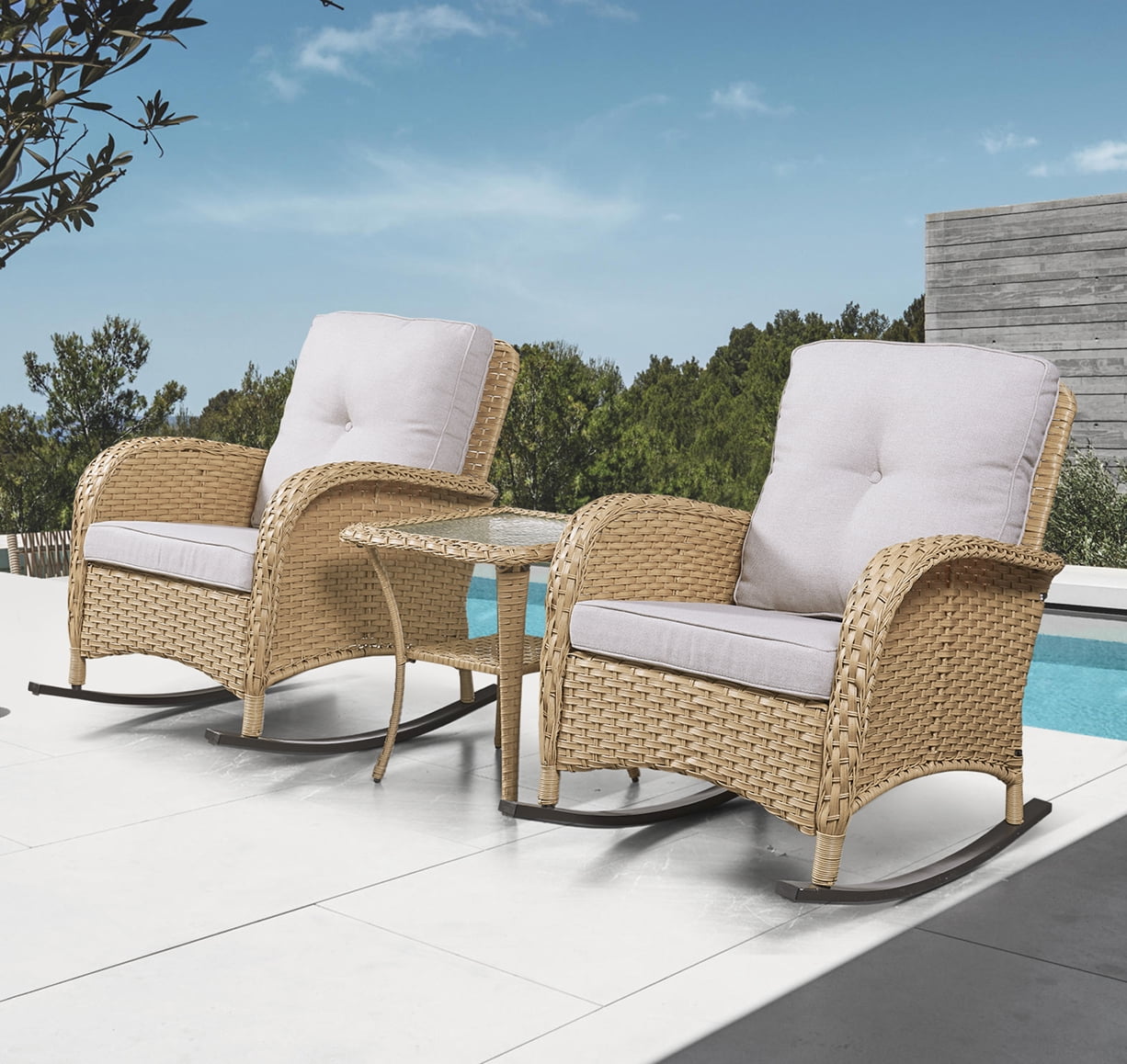 POCASSY Wicker Rattan Outdoor Rocking Chair Set with Side Table (2 ...