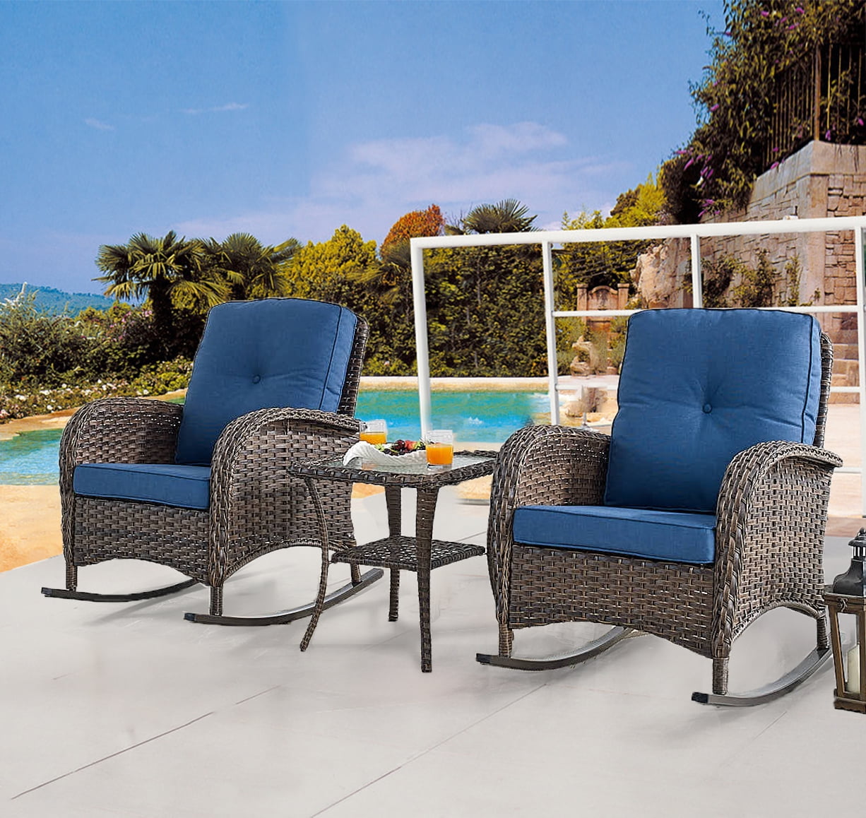 POCASSY Wicker Rattan Outdoor Rocking Chair Set with Side Table (2 ...