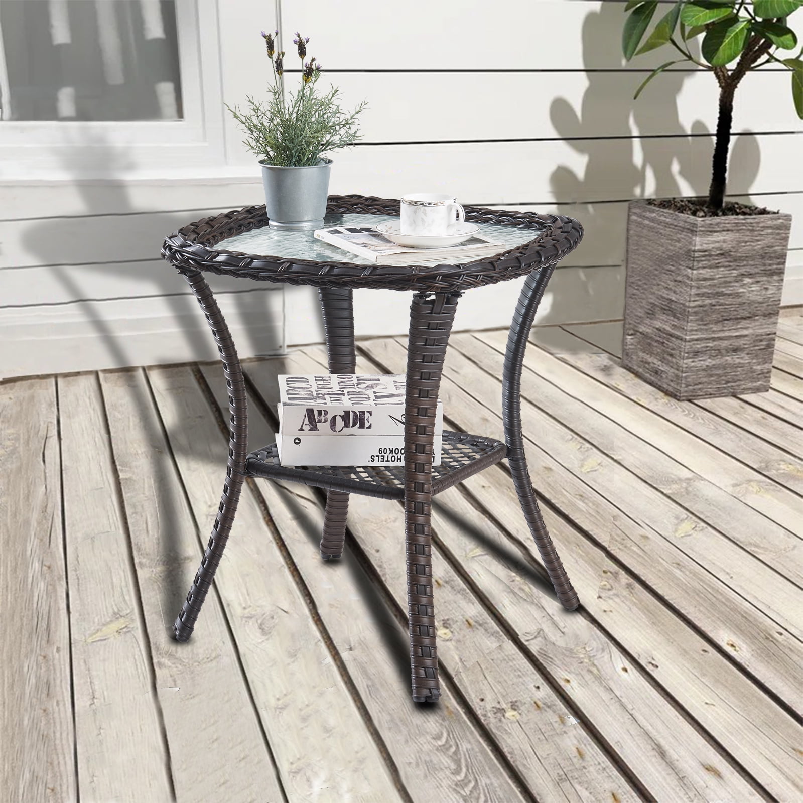 POCASSY Wicker Rattan Side Table With Built-In Glass - Walmart.com