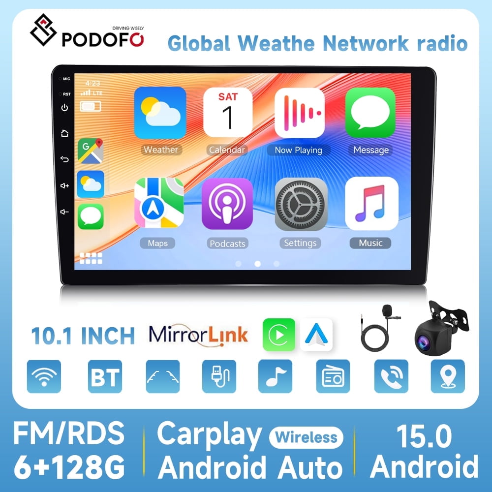Podofo 10.1 Inch Car Stereo Double Din 8 Core 6+128GB Android 15 with Wireless Carplay &Android ...