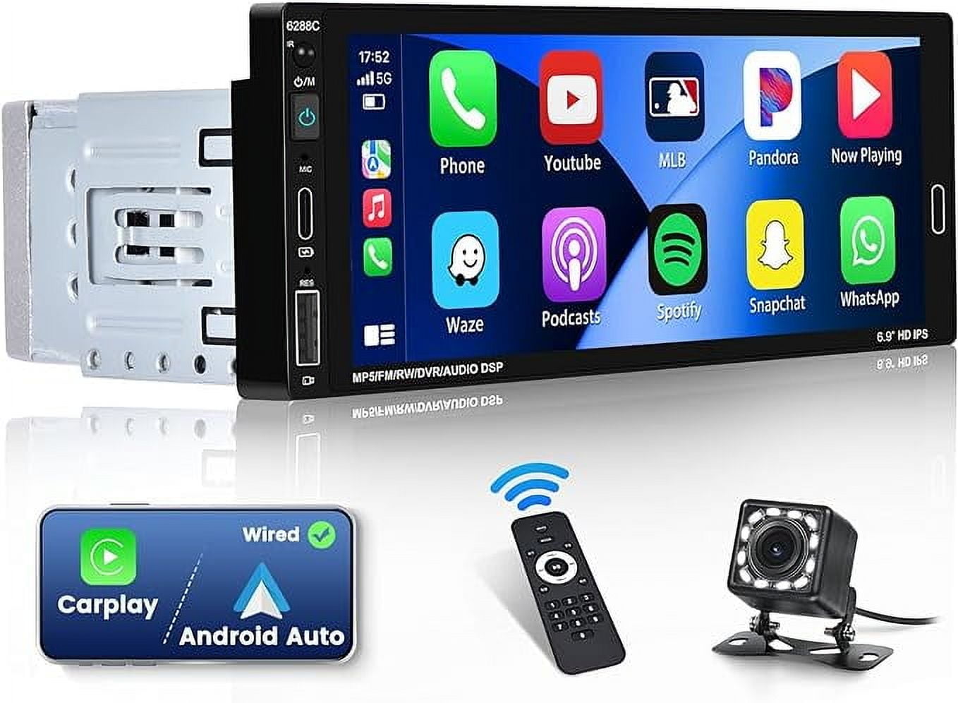 PODOFO 6.9 Inch Car Stereo Single Din Carplay Android Auto Car Radio FM ...