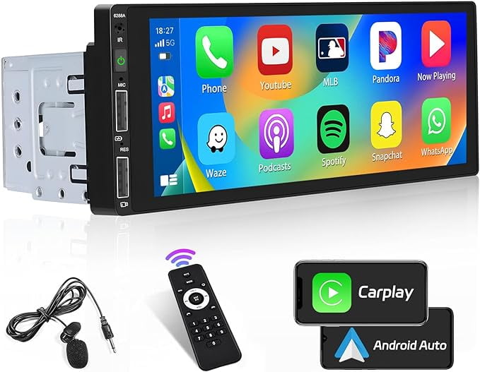 PODOFO 6.9 Inch Single Din Car Audio Carplay Car Stereo Car Radio with Bluetooth 5.0 Support ...