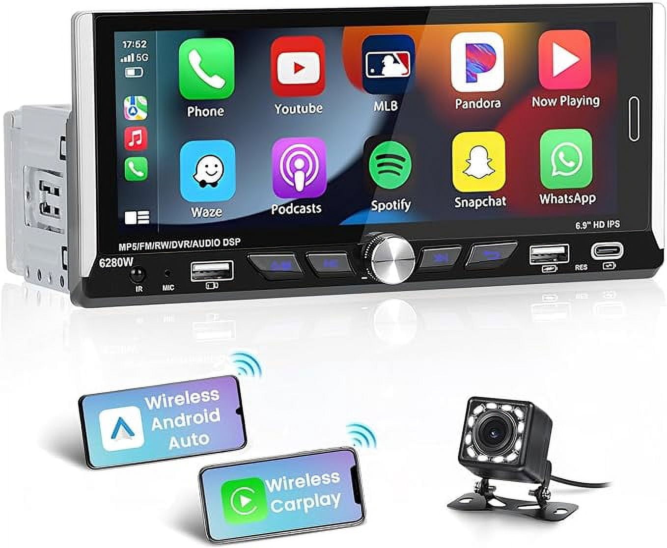 PODOFO 6.9 Inch Single Din Car Stereo Wireless Carplay Android Auto Car ...