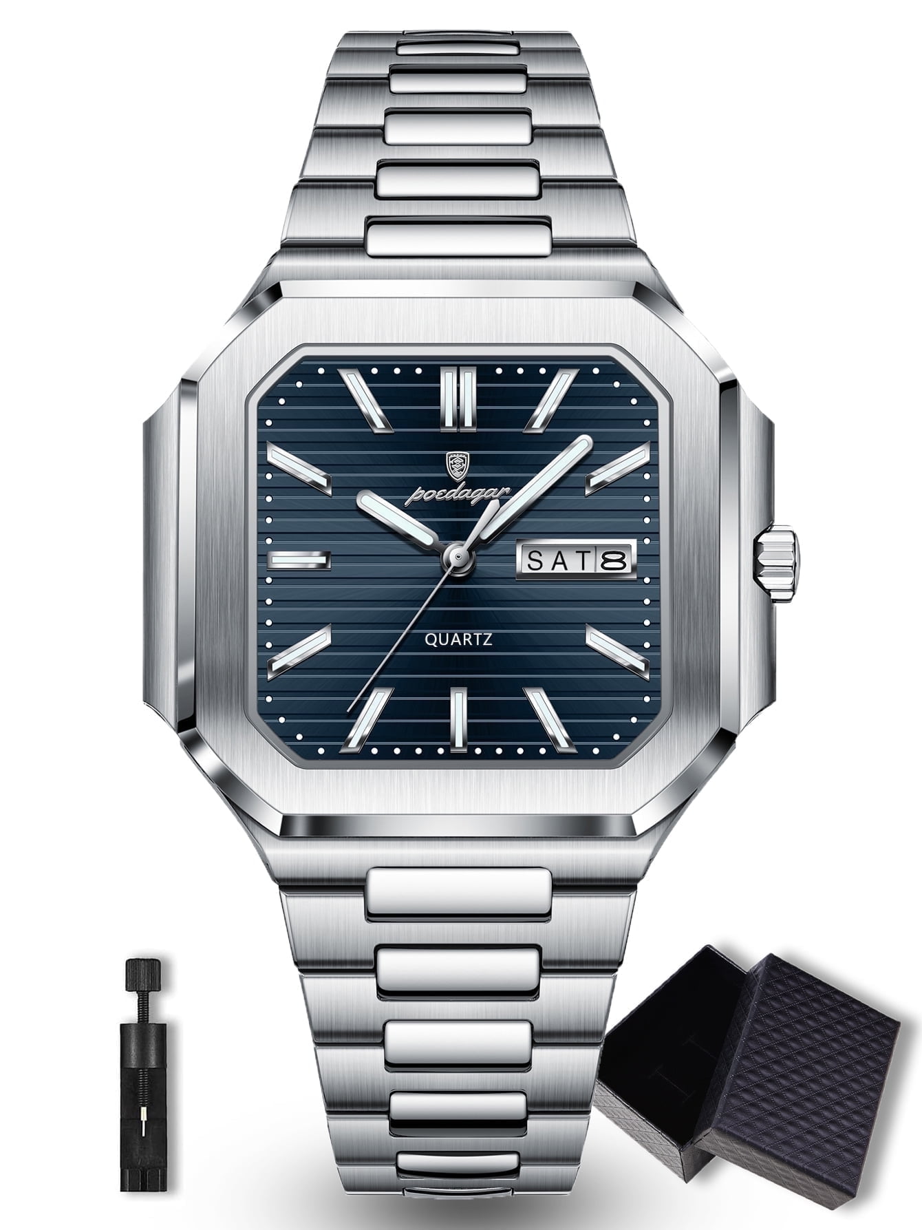 POEDAGAR Casual Square Men's Waterproof Luminous Date Week Stainless ...