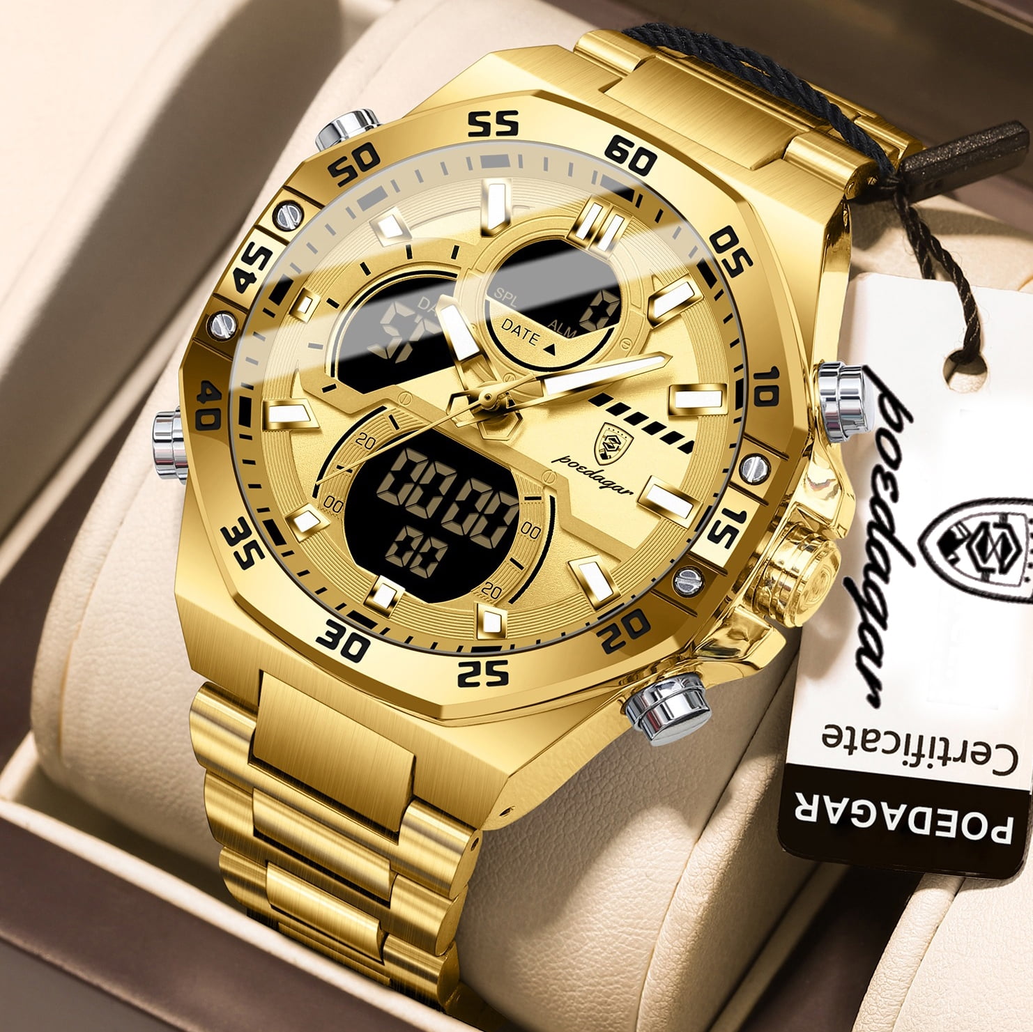 POEDAGAR Fashion Dual Time Display Digital Electronic Quartz Men's ...