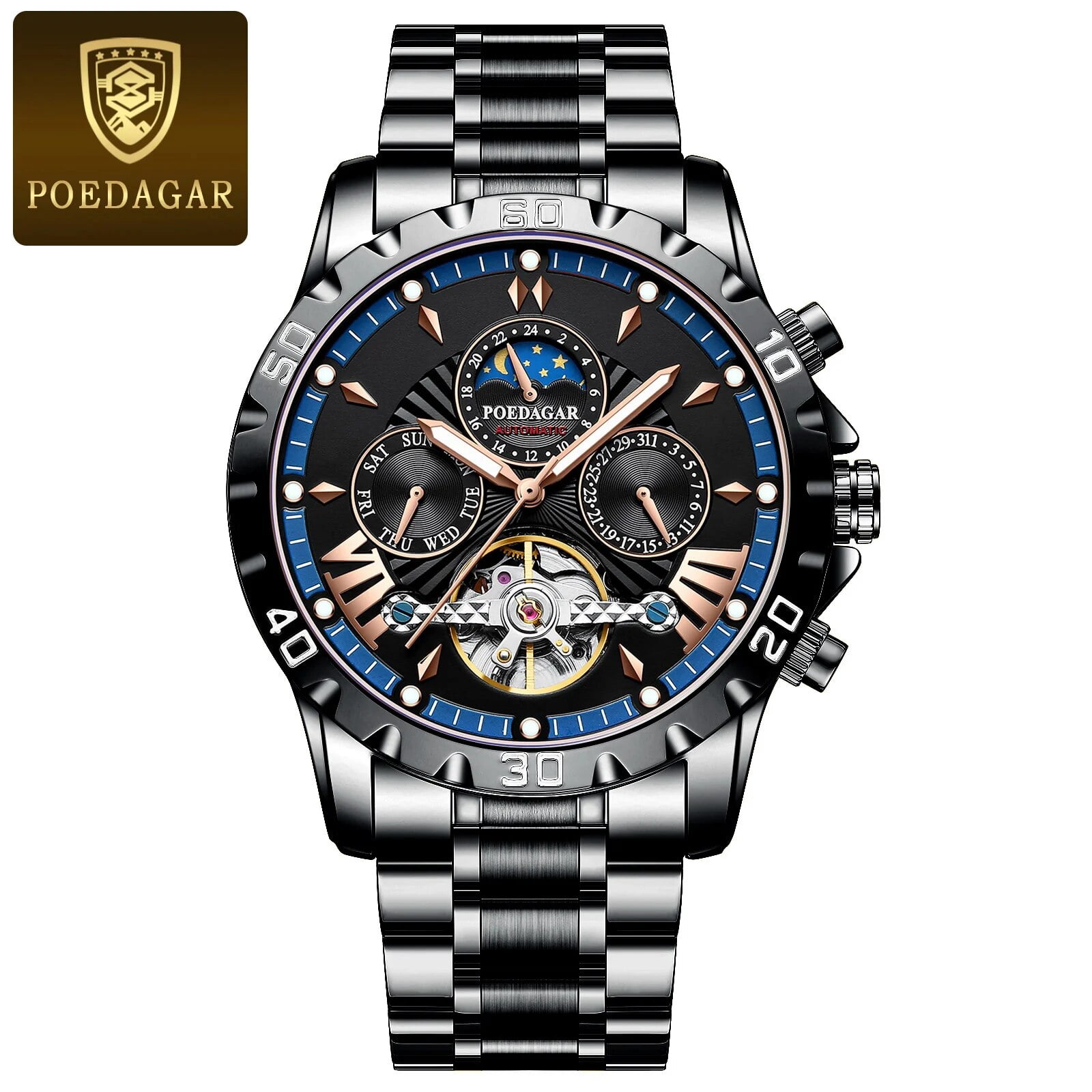 POEDAGAR Luxury Automatic Mechanical Watch For Men Hollow Tourbillon ...