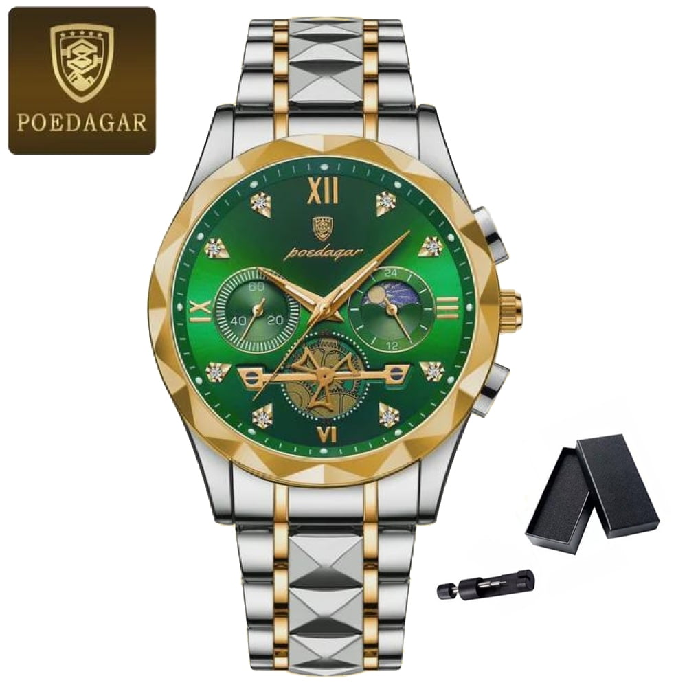 POEDAGAR Luxury Man Green Wristwatch Luminous Chronograph Watch for Men ...