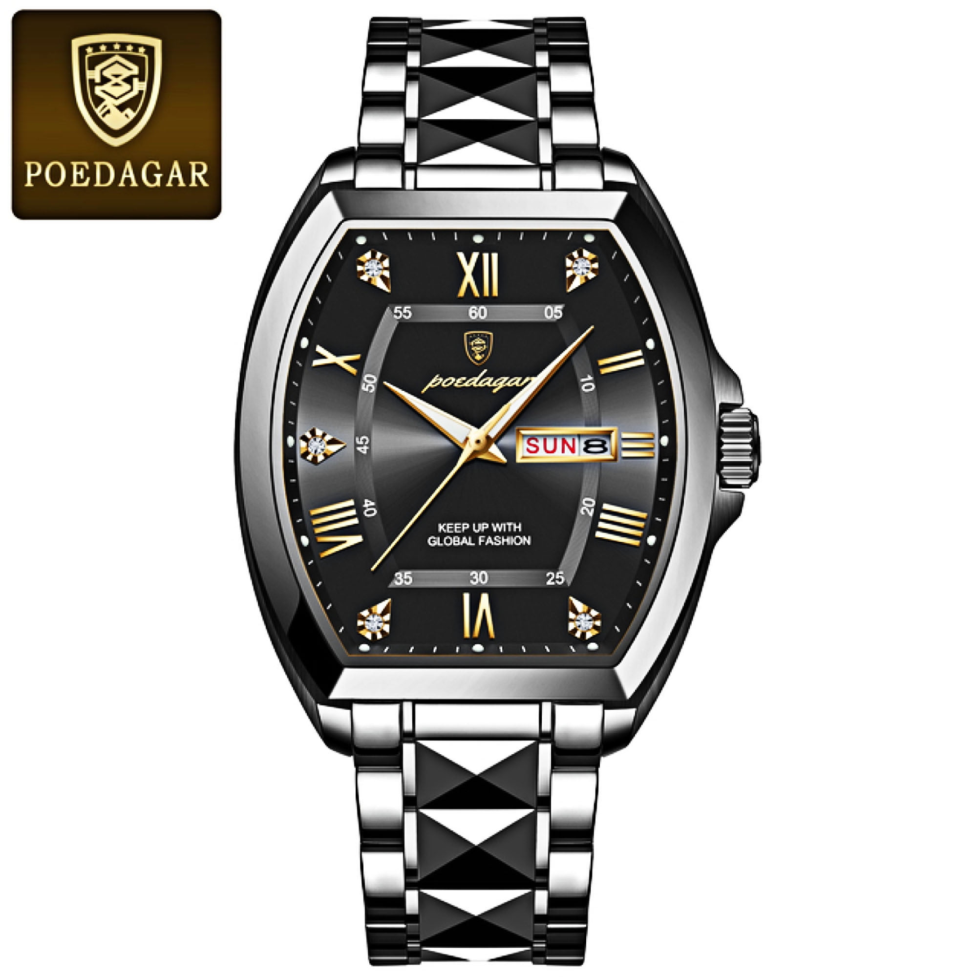 POEDAGAR Luxury Stainless Steel Quartz Black Men Watch Luminous ...