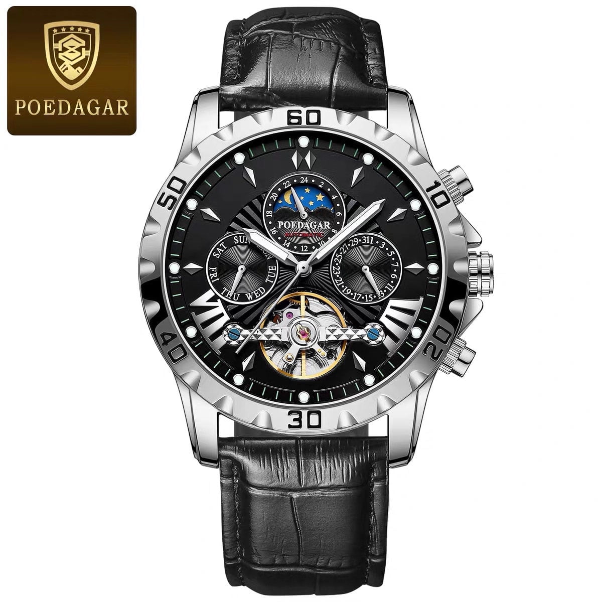 POEDAGAR Man Black Hollow mechanical flywheel Quartz Stainless Steel ...