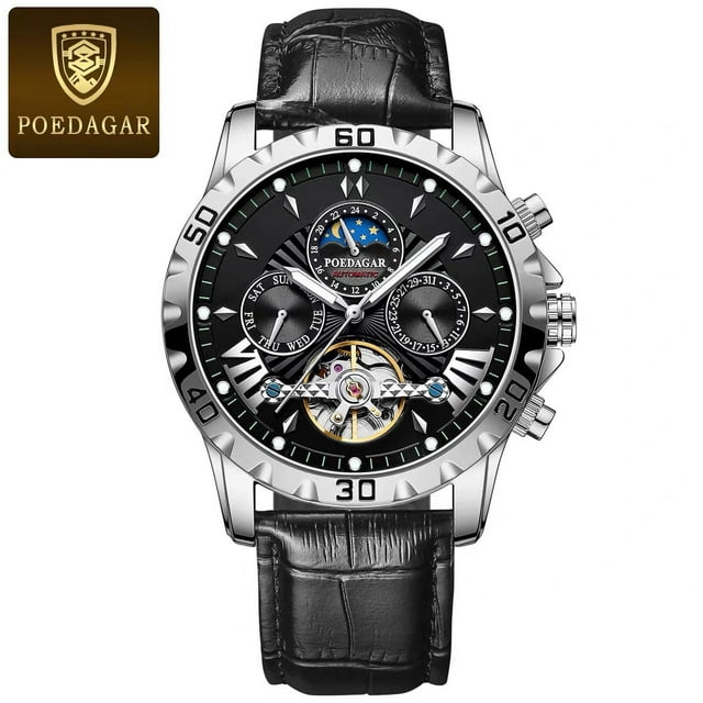 POEDAGAR Man Black Hollow mechanical flywheel Quartz Stainless Steel ...