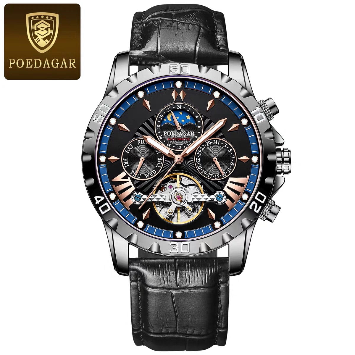 POEDAGAR Man Blue Hollow mechanical flywheel Quartz Stainless Steel ...
