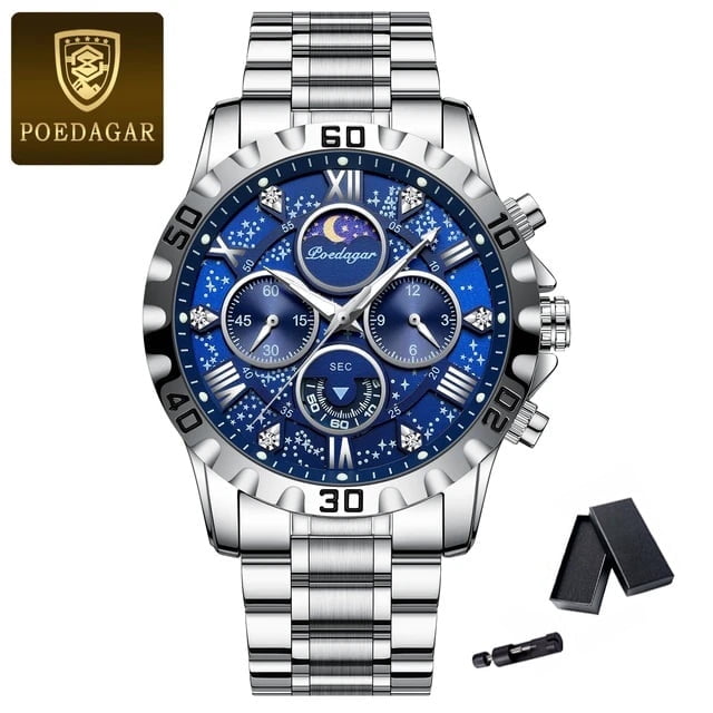 POEDAGAR Men's Luxury Quartz Sports Waterproof Luminous Stainless Steel ...