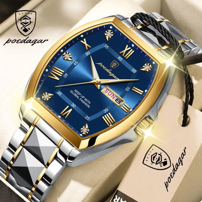 POEDAGAR Stainless Steel Blue Watches for Man Luminous Date Week Men ...