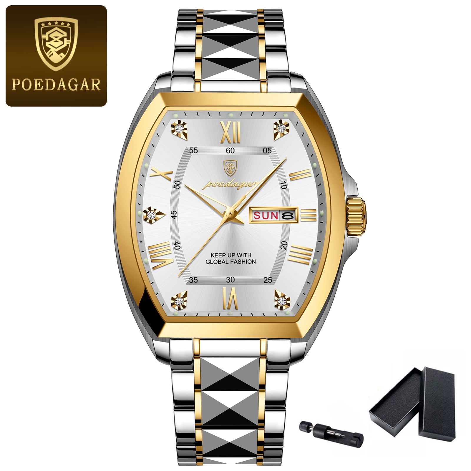 POEDAGAR Stainless Steel Gold Watches for Man Luminous Date Week Men ...