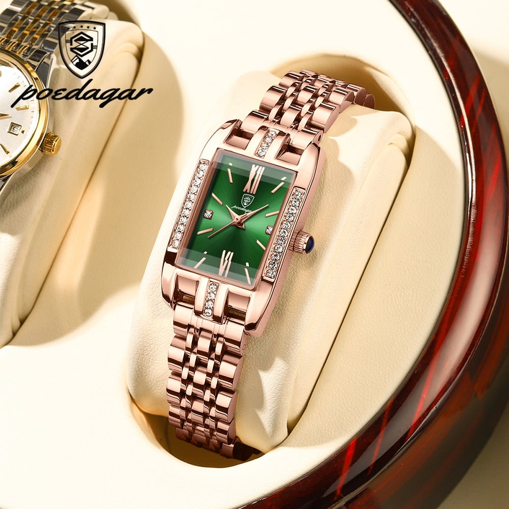POEDAGAR Women Watch Fashion Luxury Diamond Green Dial Square Quartz ...