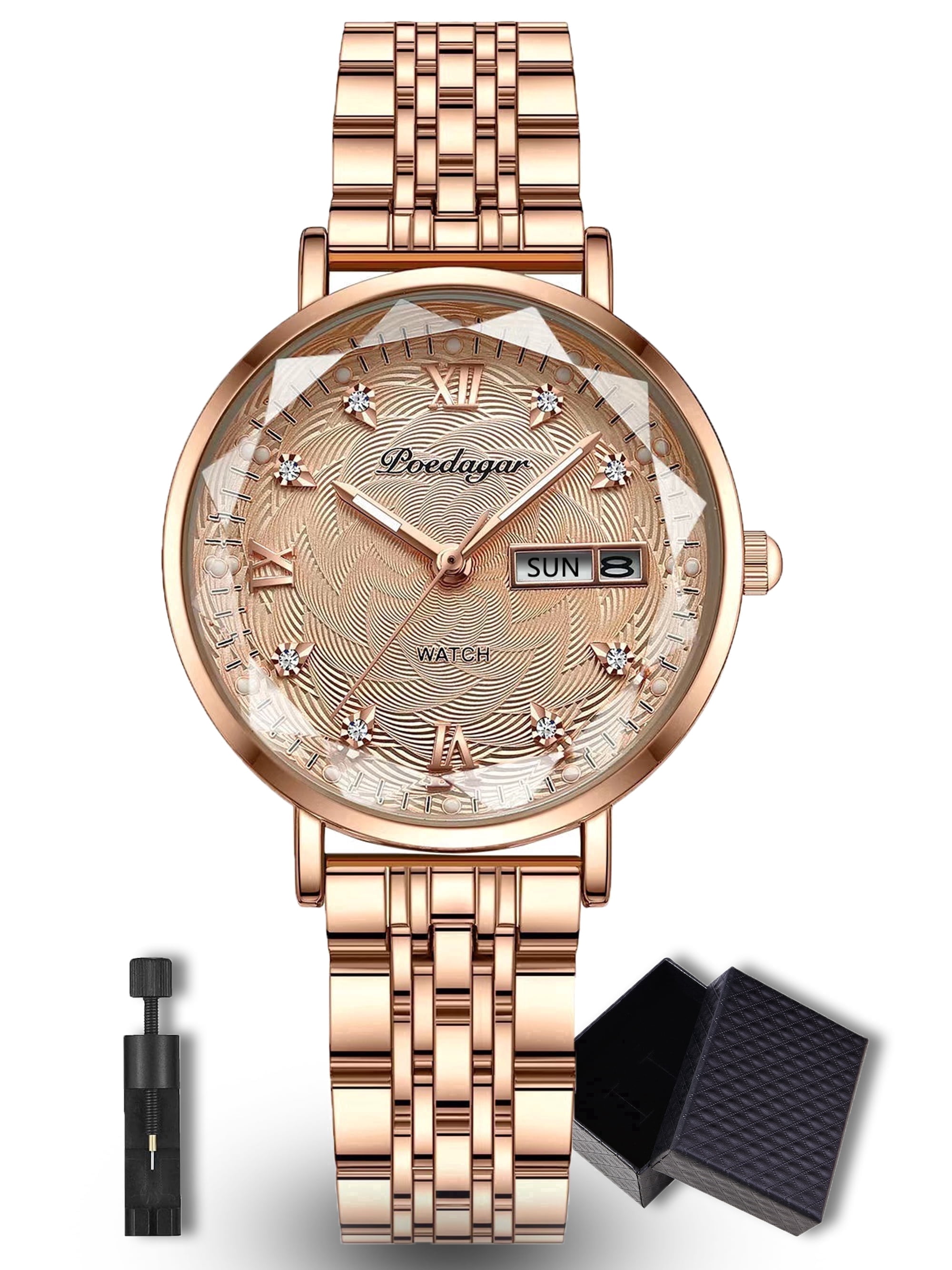 POEDAGAR Women's Stainless Steel Elegant Quartz Watch, Floral Dial ...