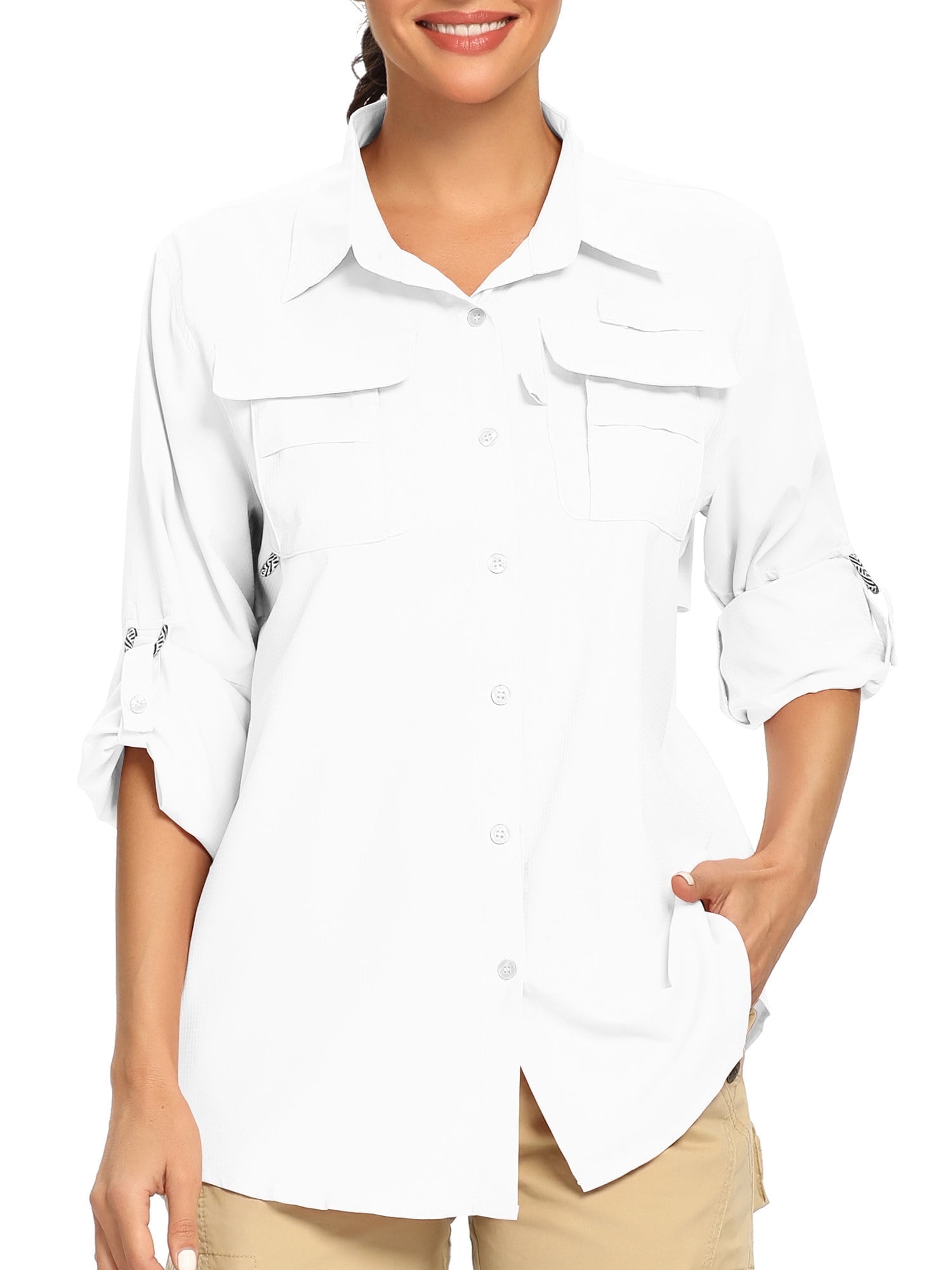 POENTAB White Long Sleeve Shirts for Women Office Button Up Work Shirt ...