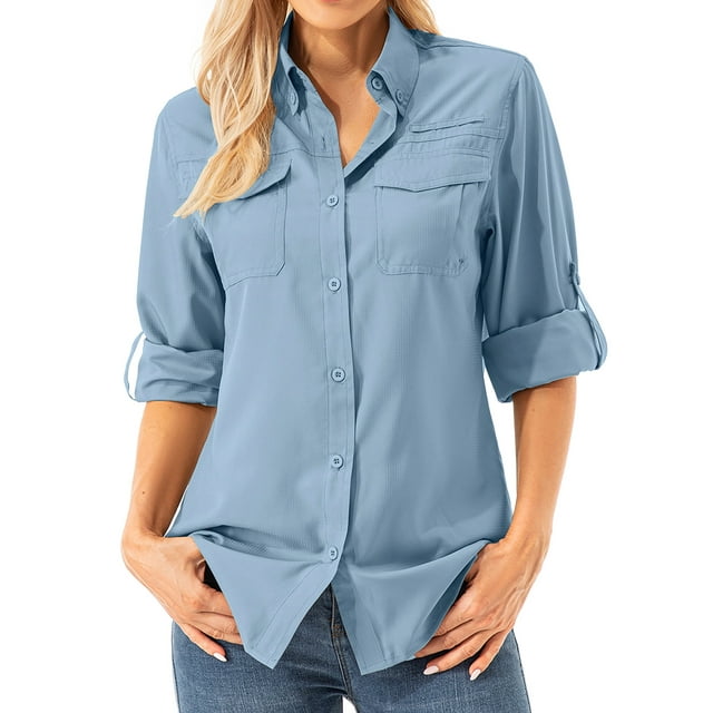 POENTAB Women Long Sleeve Button Shirts Quick Dry UV Sun Shirt Outdoor ...