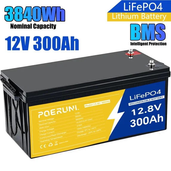 POERUNI 12V 300Ah LiFePO4 Lithium Battery BMS Deep Cycle 12V for Solar ...