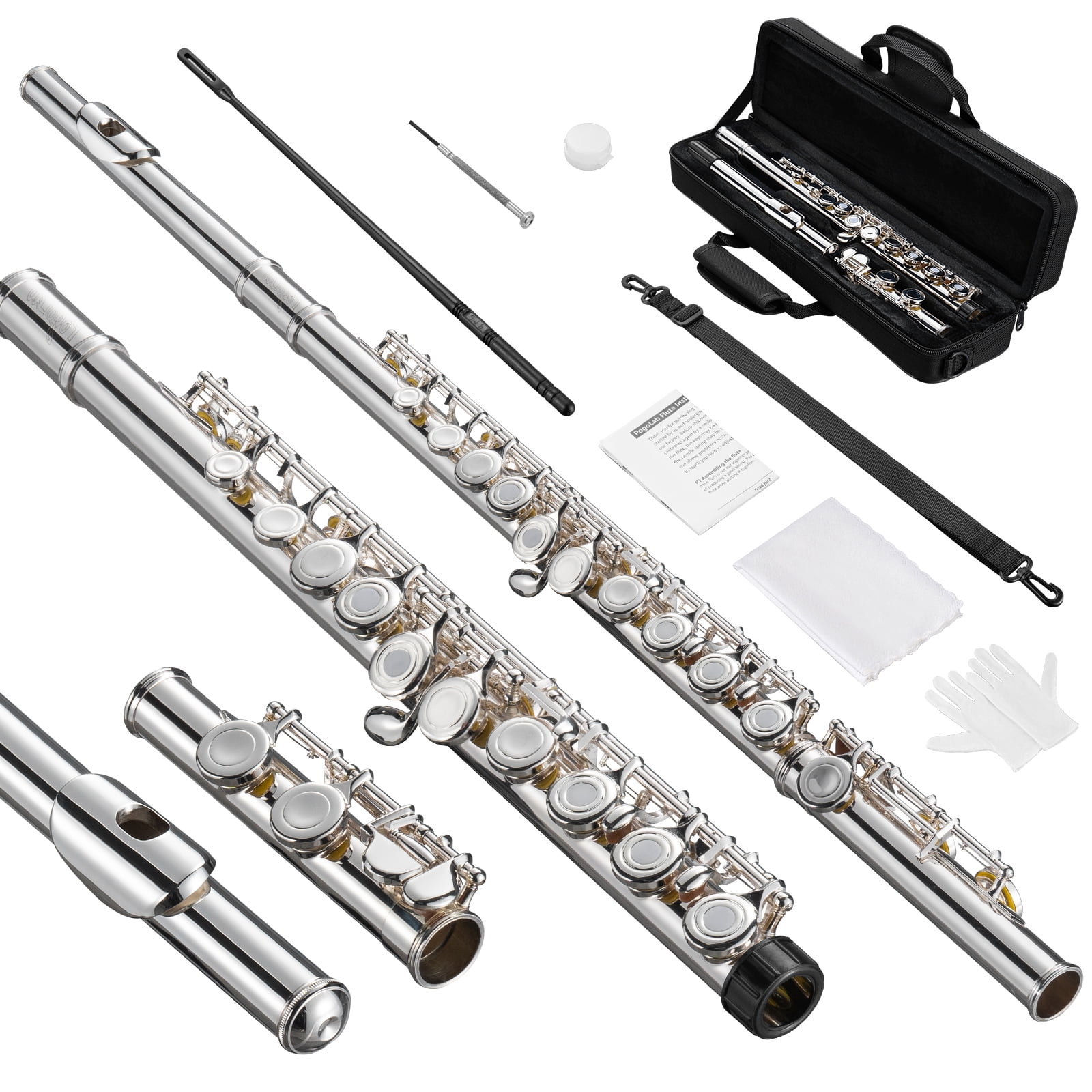 POGOLAB Open Hole C Flute Silver Plated 16 Keys Flute Instrument for ...