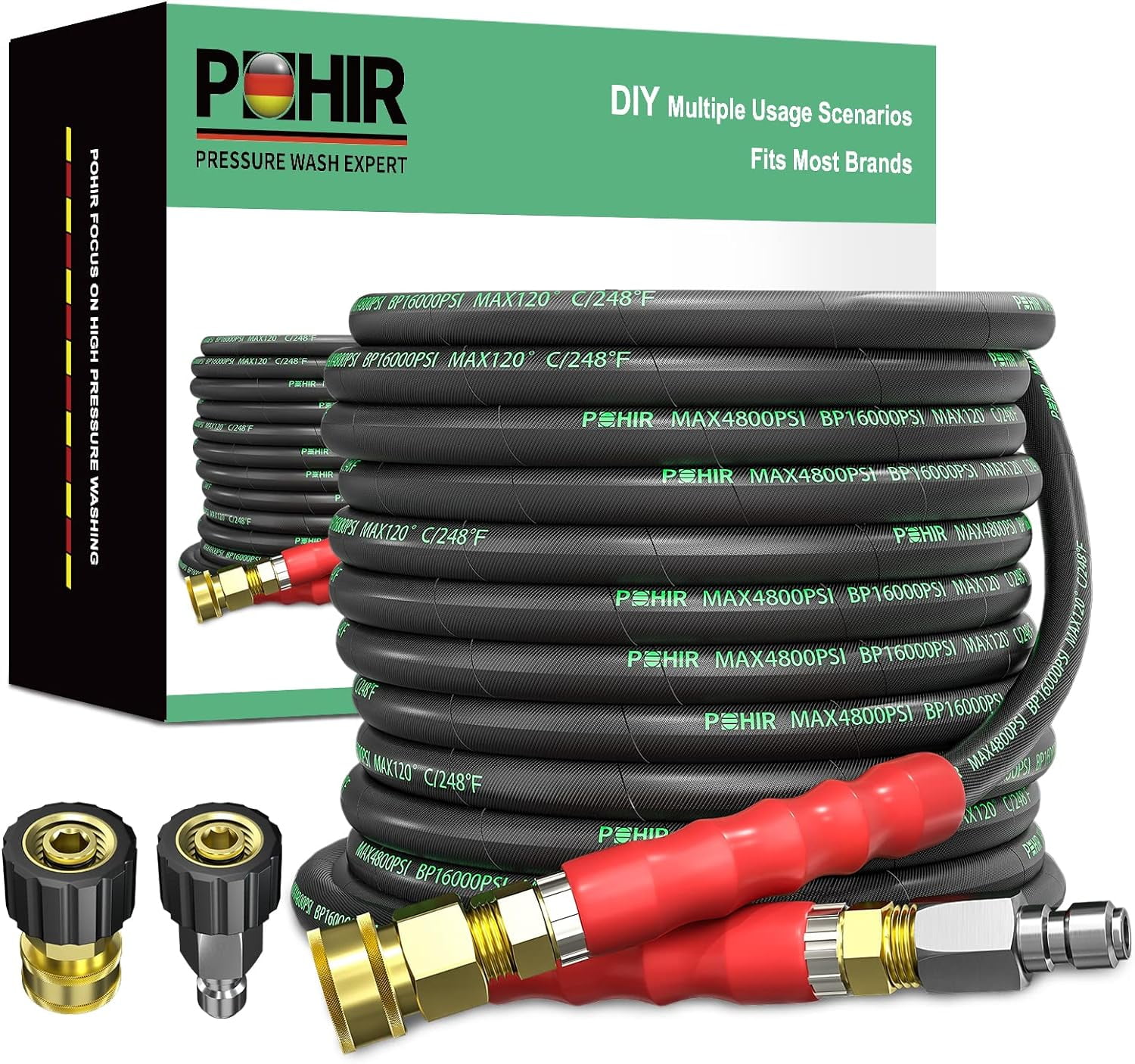 POHIR 3/8" Pressure Washer Hose 50 FT for Cold and Hot Water Max 248°F with Quick Connect ...