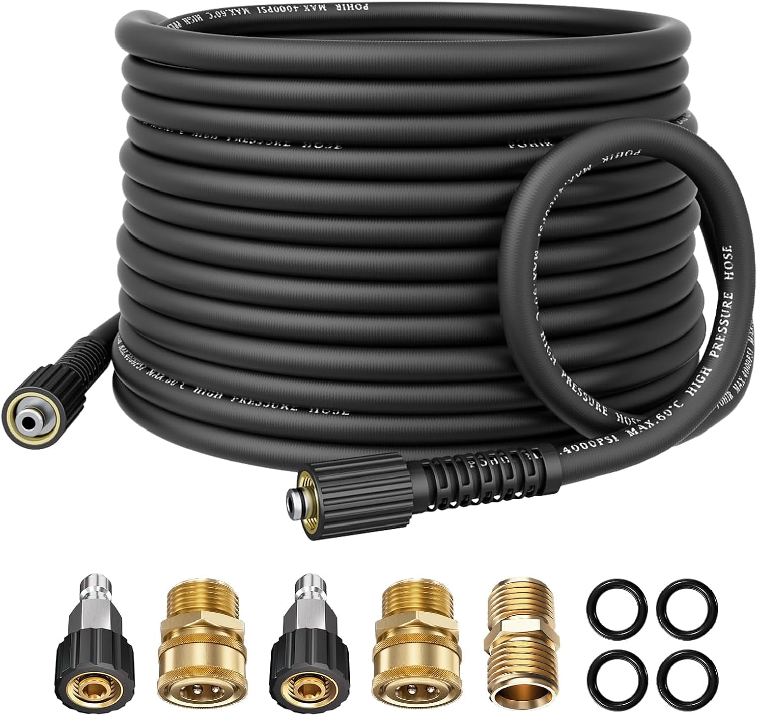 POHIR Pressure Washer Hose 50ft x 1/4", 4000PSI Resistant Replacement Hose with M22 to 3/8 Quick ...