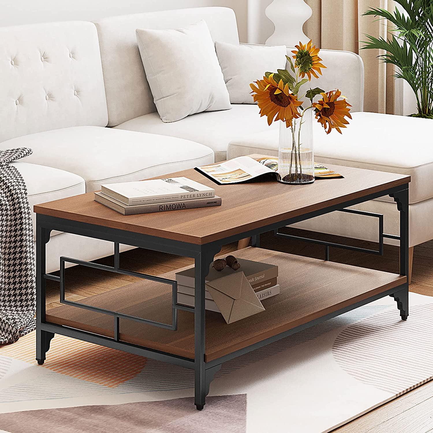 POINTANT Coffee Table Rectangle White Faux Marble Farmhouse Rustic 42 ...