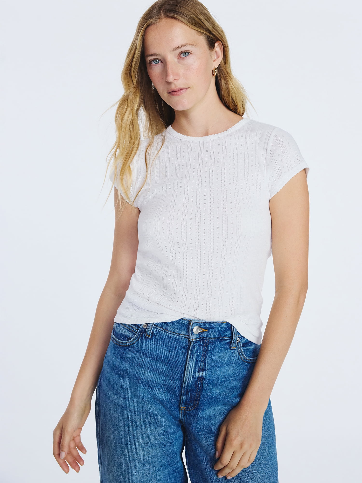 Free Assembly Women's and Women's Plus Pointelle Mini Tee with Short ...