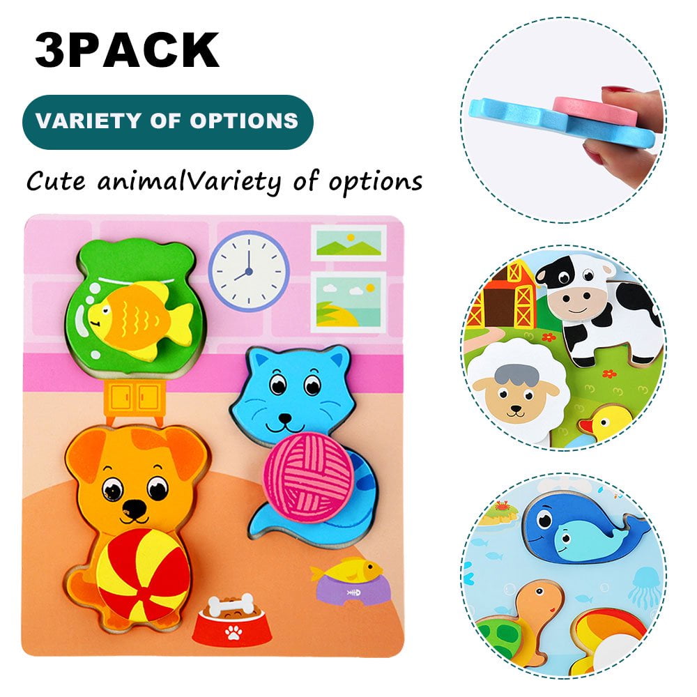 POINTERTECK 3 Pack Wooden Puzzles for Toddlers, Animal Jigsaw Puzzles ...