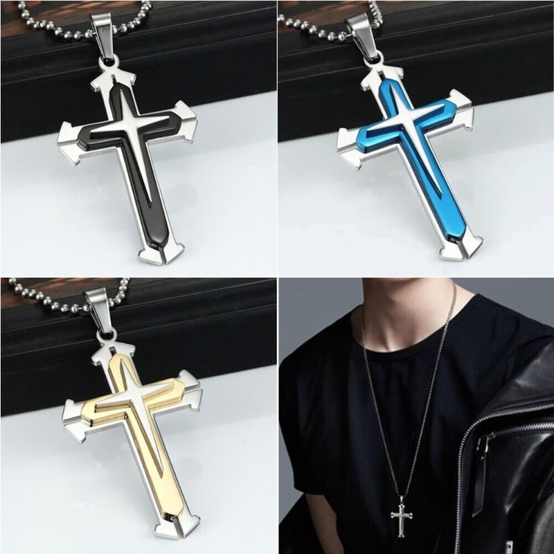 POINTERTECK 4PC Men‘s titanium steel cross necklace cross pendant ...
