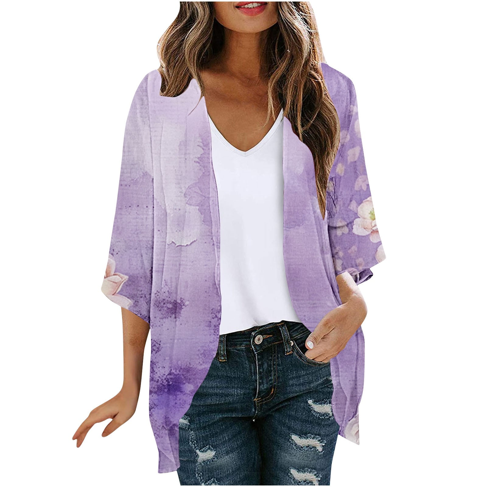 POIUYTR Cardigans for Women 3/4 Sleeve Open Front Long Printed ...