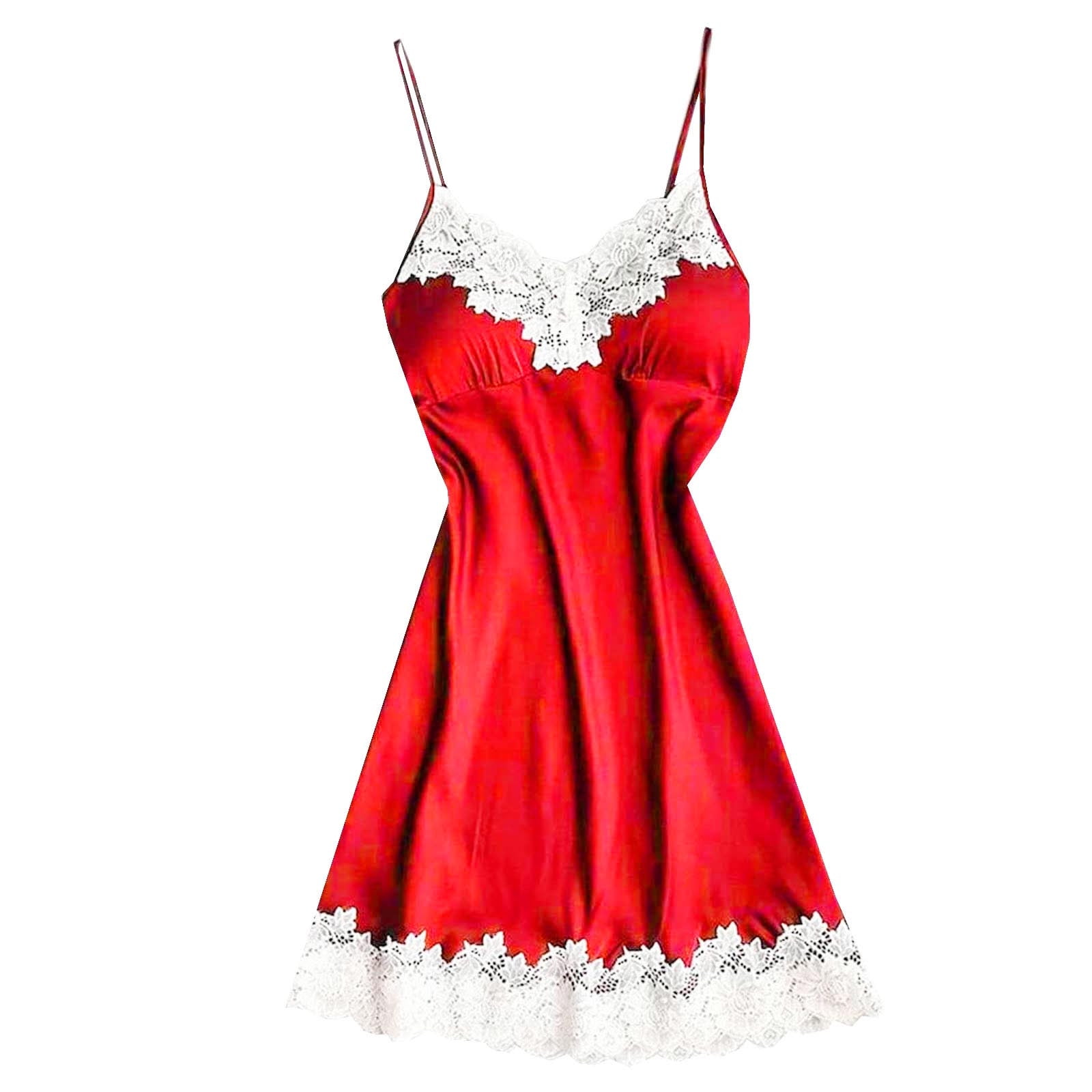 POIUYTR Satin Camisole Nightgown for Women - Deep V Neck Lace Trim ...