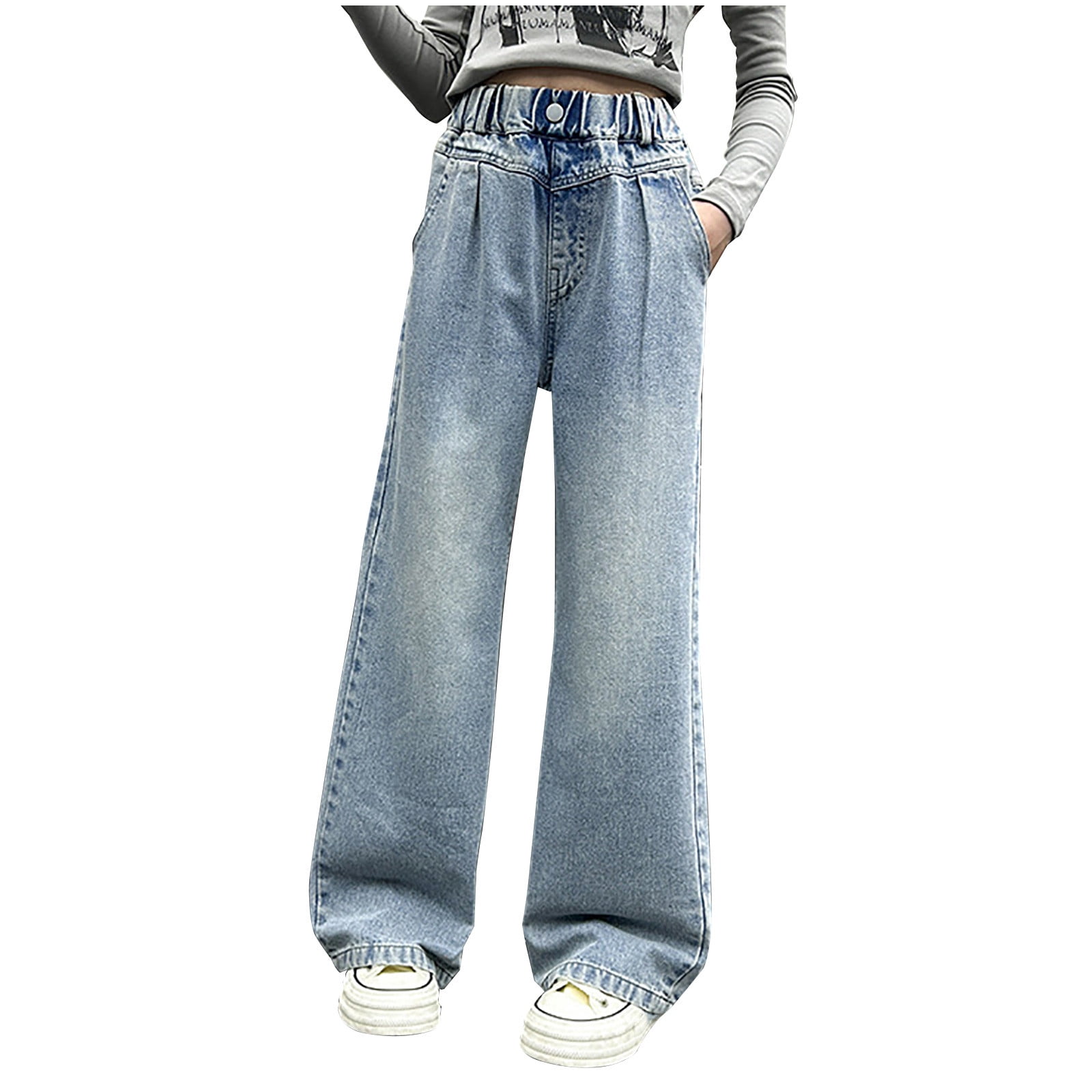POIUYTR Summer Girls' High Waist Jeans - Loose Baggy Denim Pants Wide ...