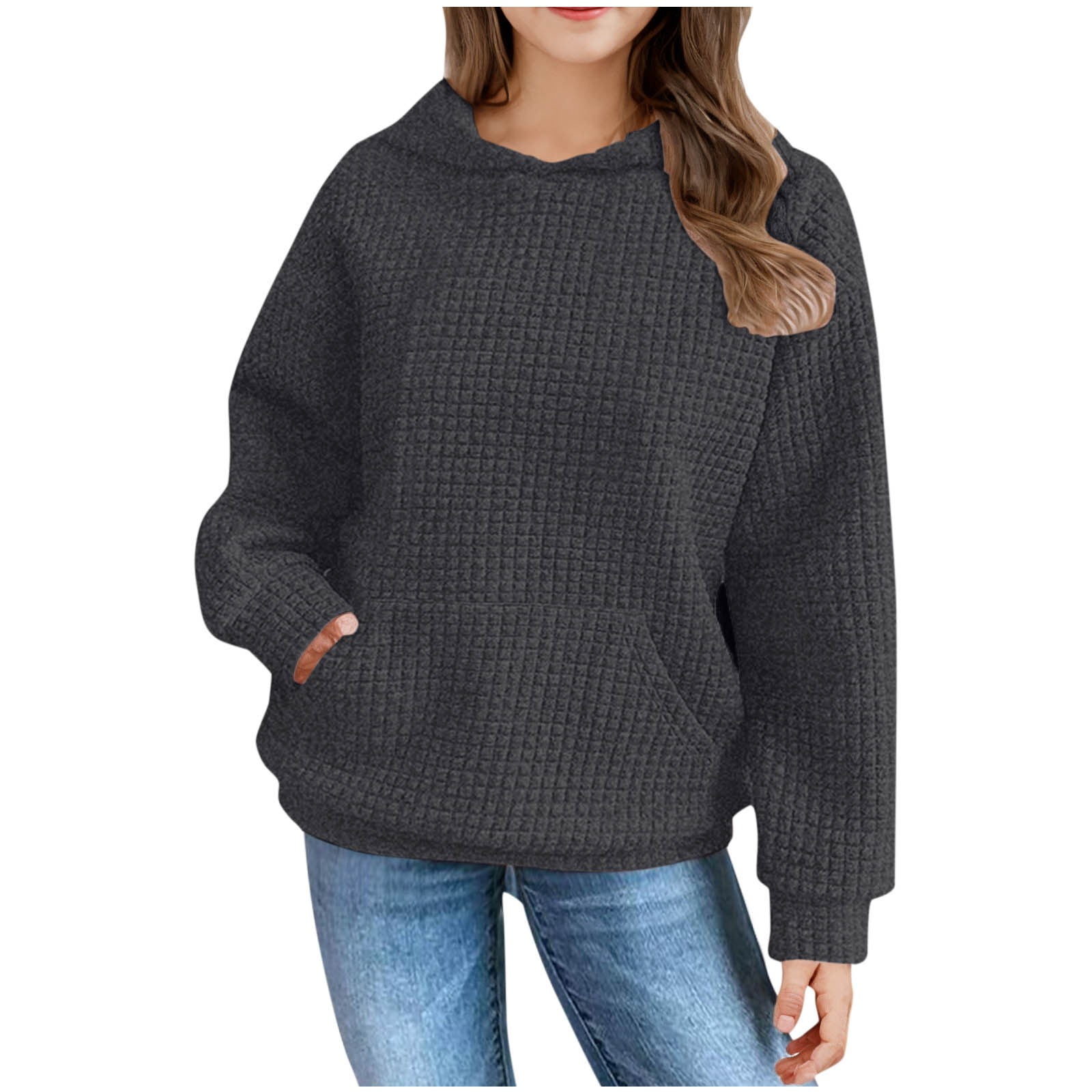 POIUYTR Girls Hoodies Casual Long Sleeve Drawstring Waffle Pullover ...