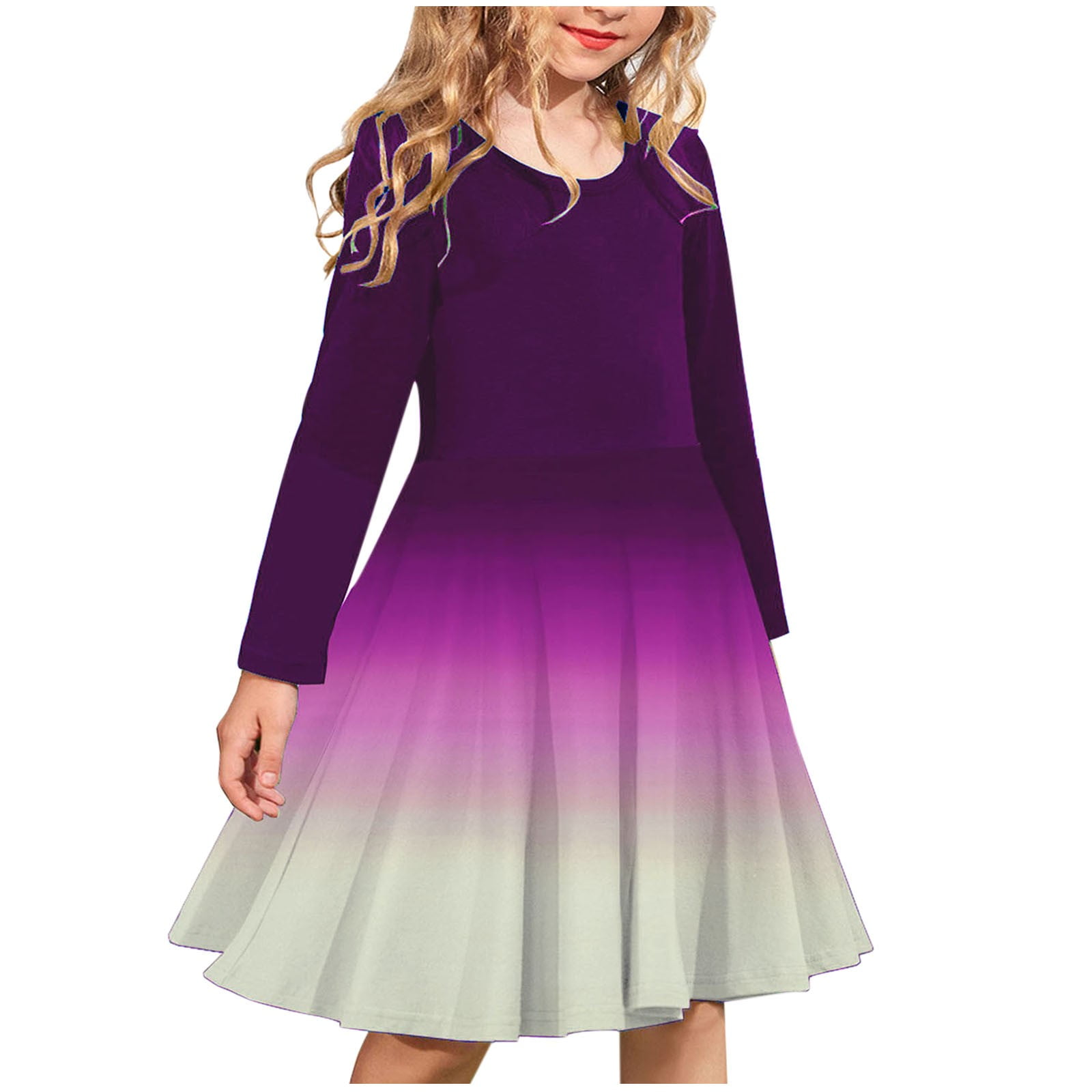 POIUYTR Girls Long Sleeve Dress A line Twirly Skater Dress Gradient ...