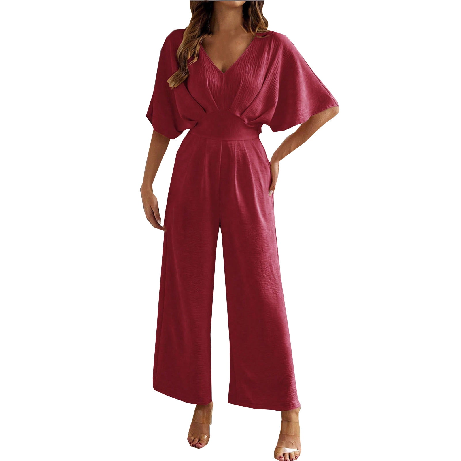POIUYTR Jumpsuits for Women Summer Short Sleeve V Neck High Waist Wide Leg Long Pant Romper One ...