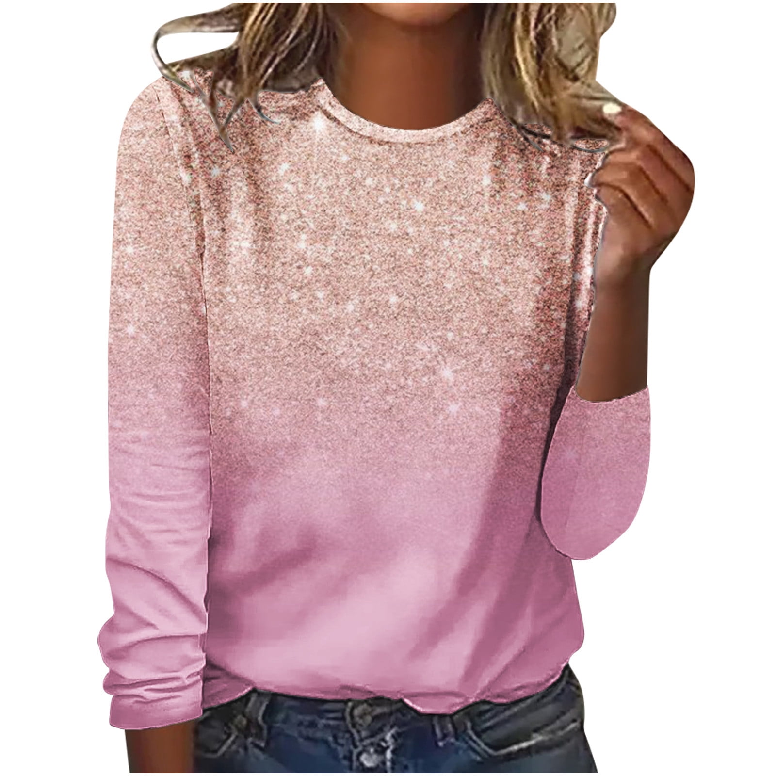 POIUYTR Long Sleeve Tops for Women Dressy Casual Printed Crew Neck ...