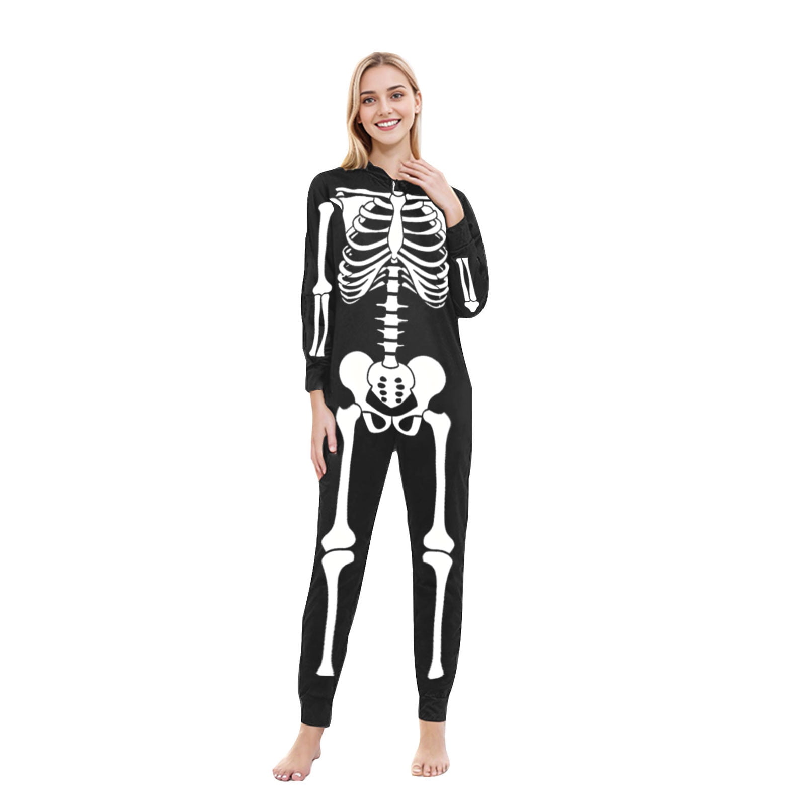 POIUYTR Matching Family Pajamas Sets Skeleton Glow in Dark Jumpsuit Halloween Hooded One-Piece ...