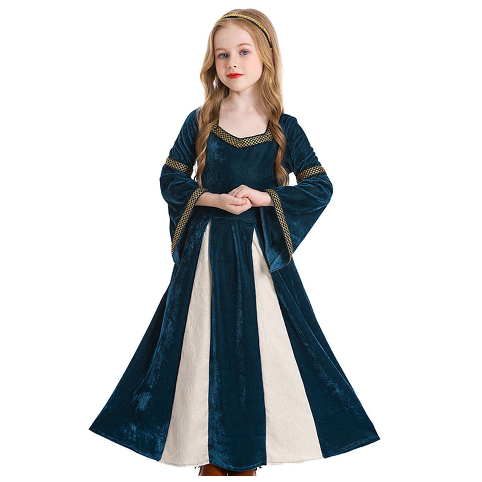 POIUYTR Medieval Princess Costume for Girls Renaissance Royalty Robe Gown Dress with Headband ...