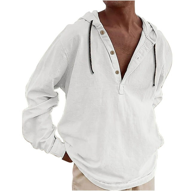 POIUYTR Mens Cotton Linen Shirts Long Sleeve Casual Button Up Hooded ...