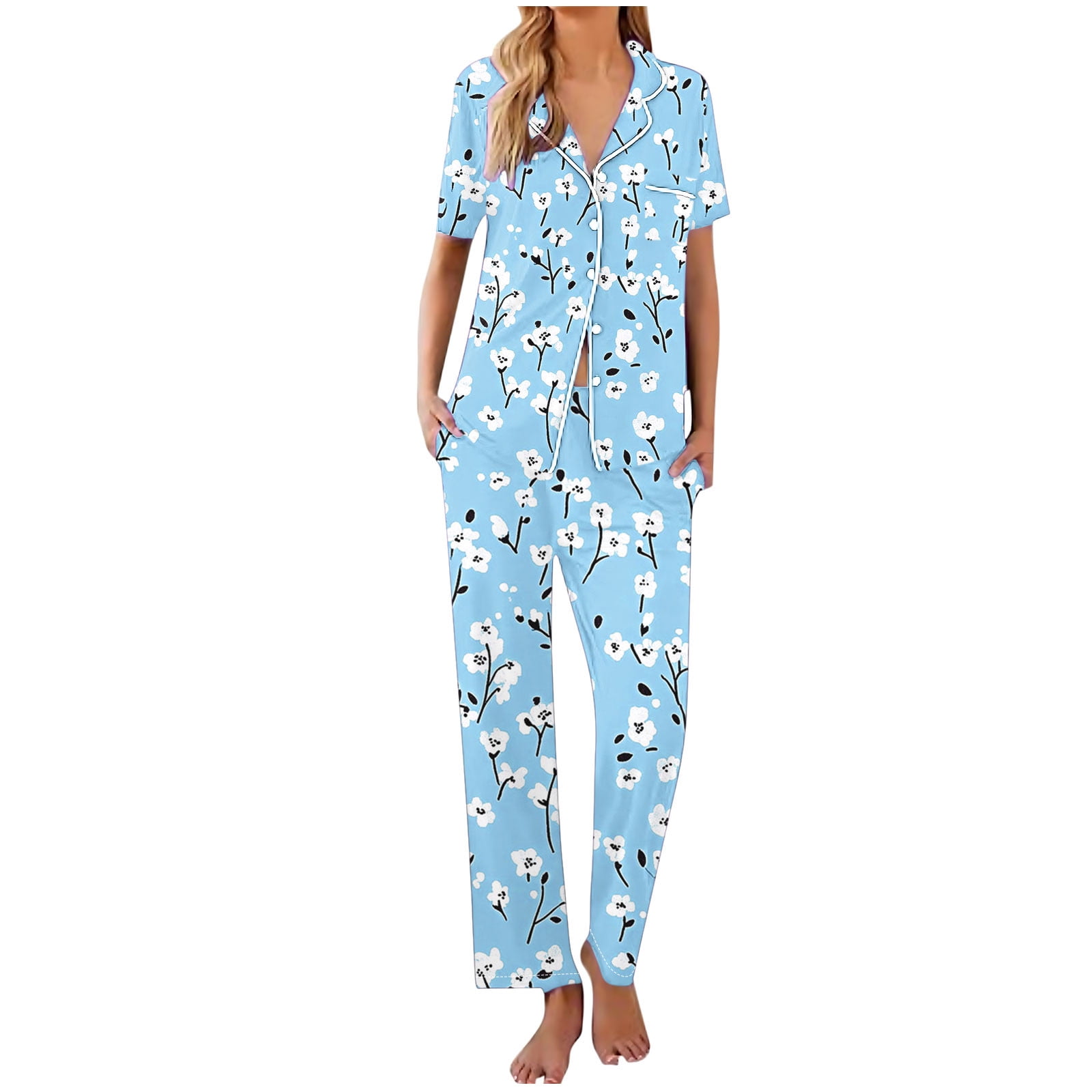 POIUYTR Women Pajama Sets Two-Piece Nightwear Notch Collar Short Sleeve ...