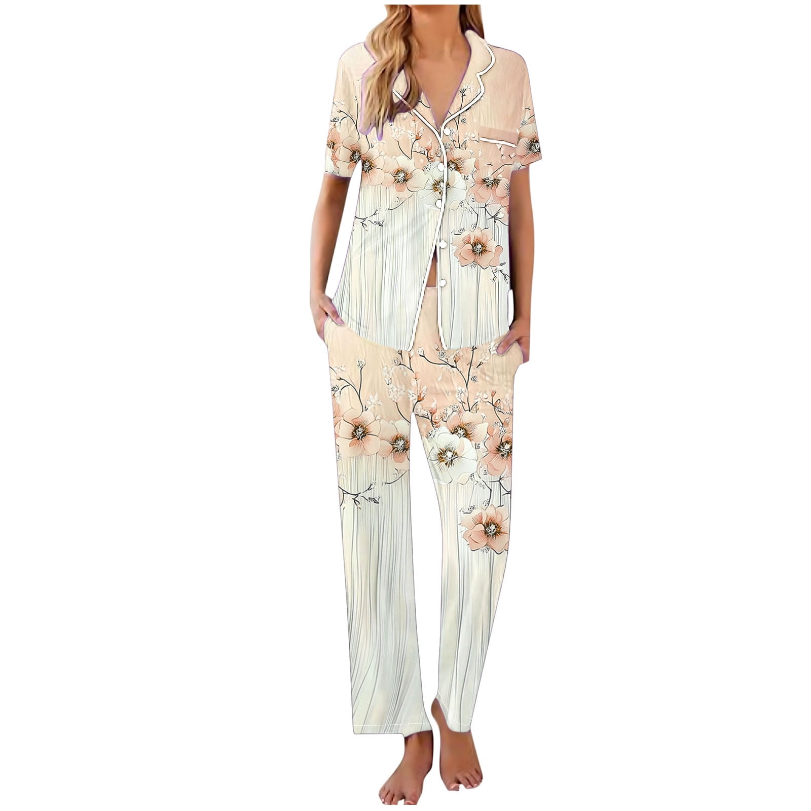 POIUYTR Women Pajama Sets Two-Piece Nightwear Notch Collar Short Sleeve ...