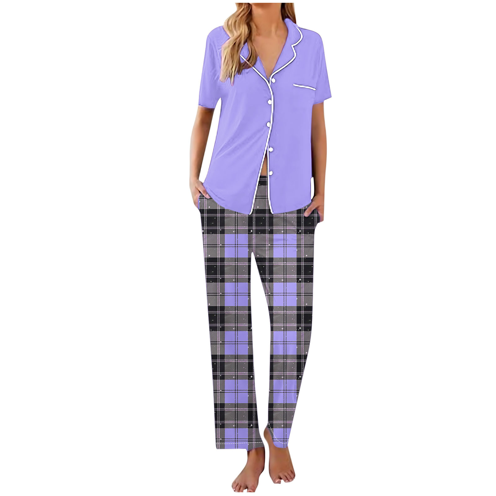 POIUYTR Women Pajama Sets Two-Piece Nightwear Notch Collar Short Sleeve ...