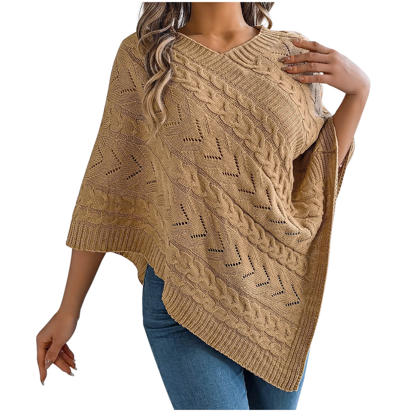 POIUYTR Women Poncho Sweater V Neck Solid Knit Pullover Cape Elegant ...